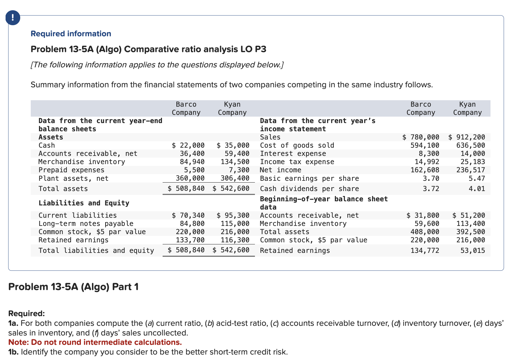 Solved Required information Problem 13-5A (Algo) Comparative | Chegg.com
