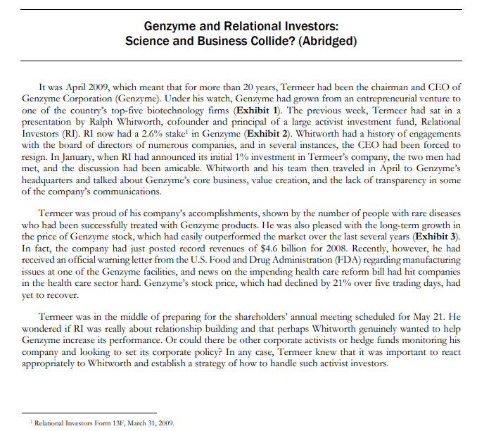 Solved Case Report 1 Case 4: Genzyme and Relational | Chegg.com