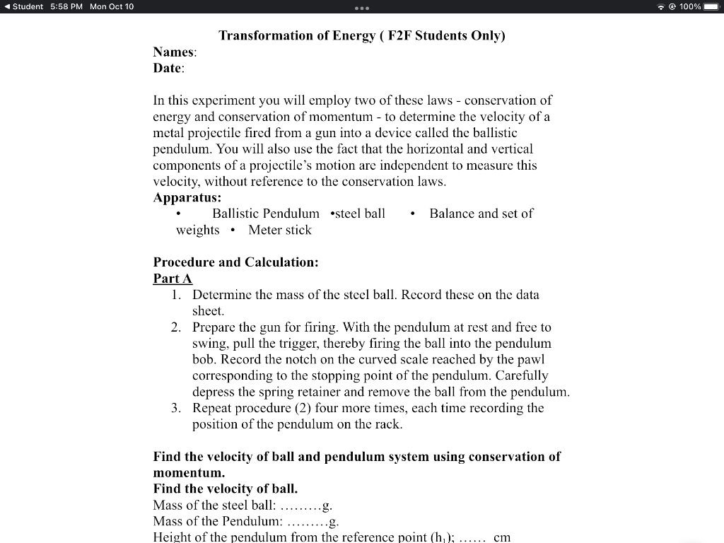 Transformation of Energy ( F2F Students Only) Names: | Chegg.com