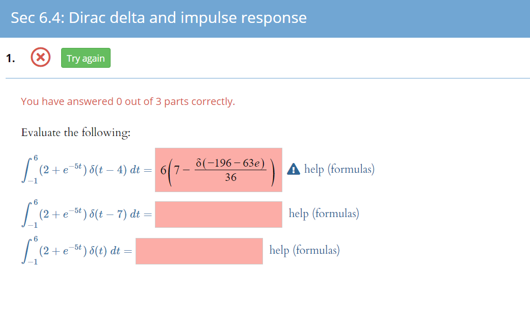 Solved Sec 6.4: Dirac delta and impulse response Try again 1 | Chegg.com