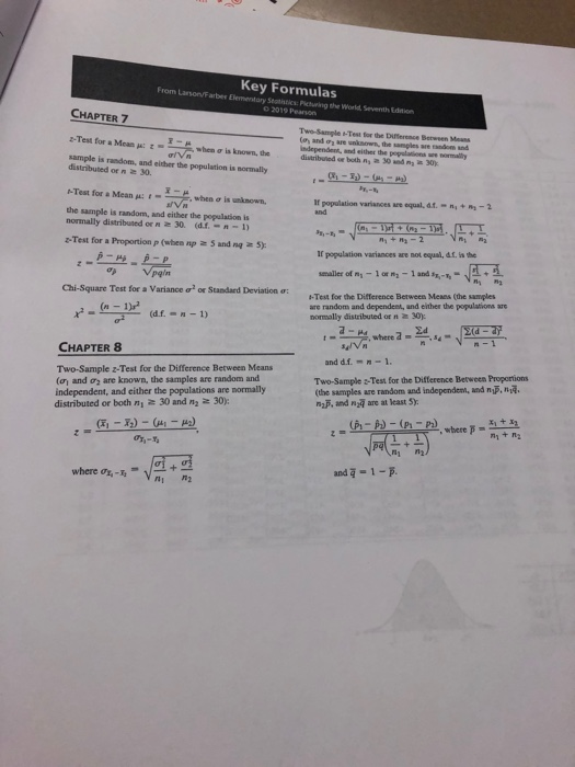 Solved Key Formulas From Larson/Farber Elementary | Chegg.com