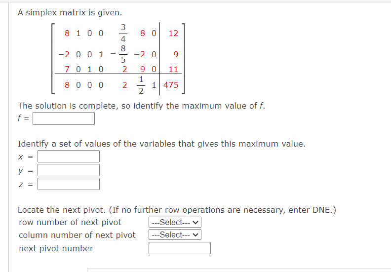 Solved A simplex matrix is given. | Chegg.com