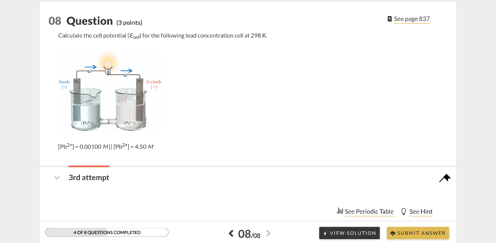Solved 08 Question (3 points) Calculate the cell potential ( | Chegg.com