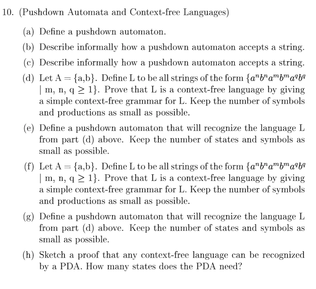 10. (Pushdown Automata and Context-free Languages) | Chegg.com