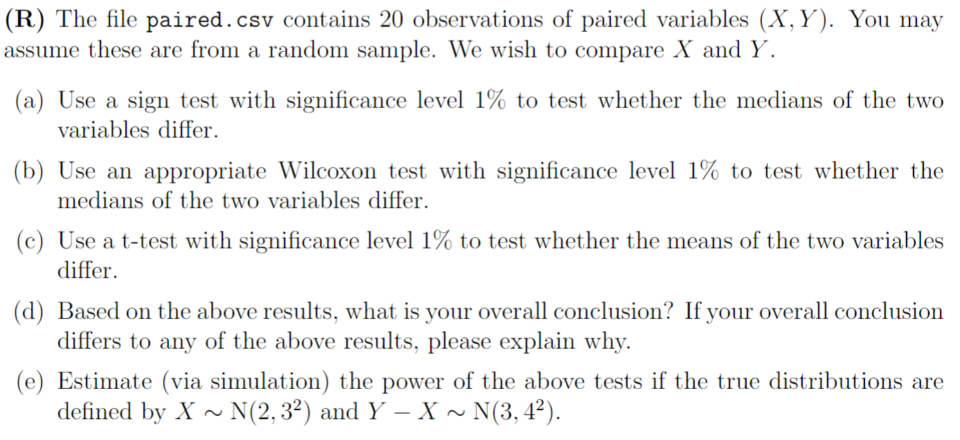 (R) The file paired. csv contains 20 observations of | Chegg.com