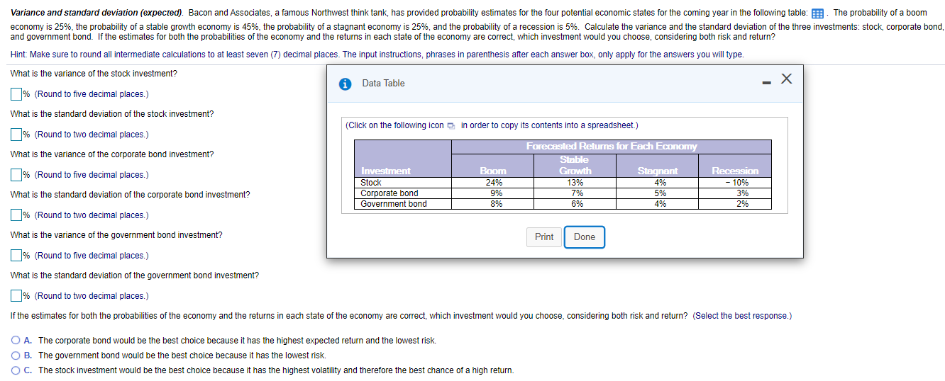 Solved Variance and standard deviation (expected). Bacon and | Chegg.com