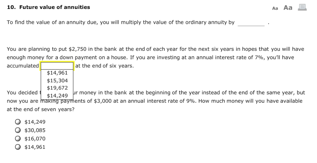 Solved 10. Future value of annuities Aa Aa To find the value | Chegg.com