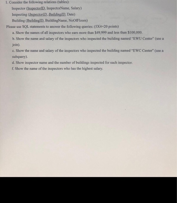 Solved 1. Consider the following relations (tables): | Chegg.com