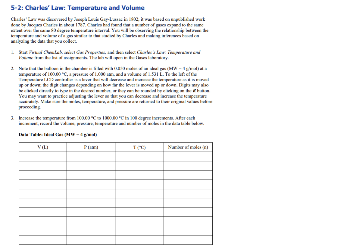 Solved 5-2: Charles' Law: Temperature and Volume Charles' | Chegg.com