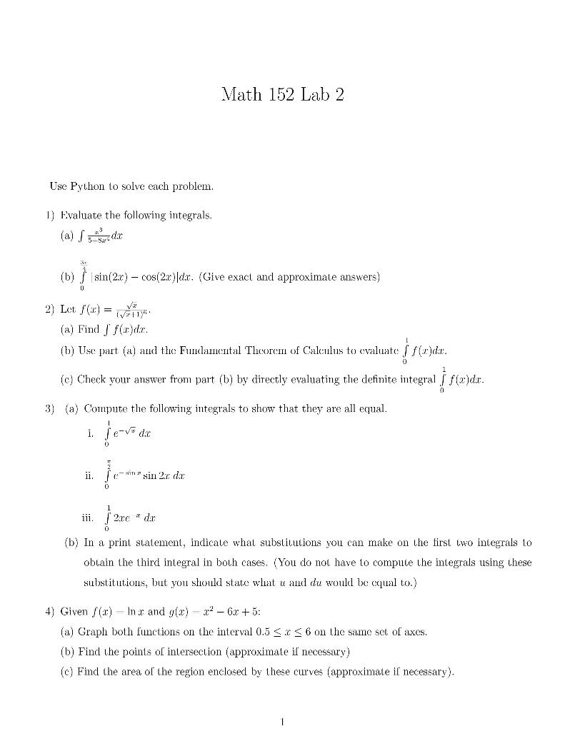 Math 152 Lab 2 Use Python to solve each problem. 1) | Chegg.com