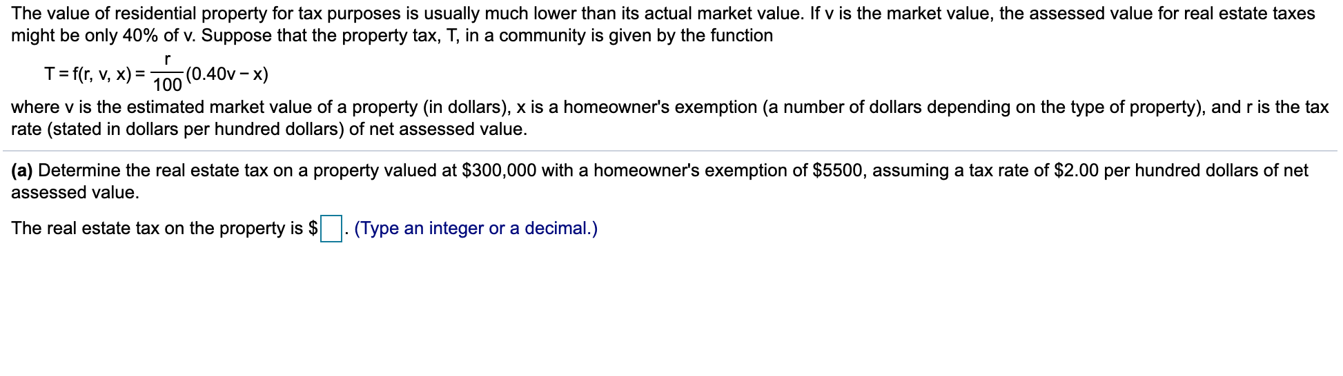 Solved The value of residential property for tax purposes is | Chegg.com