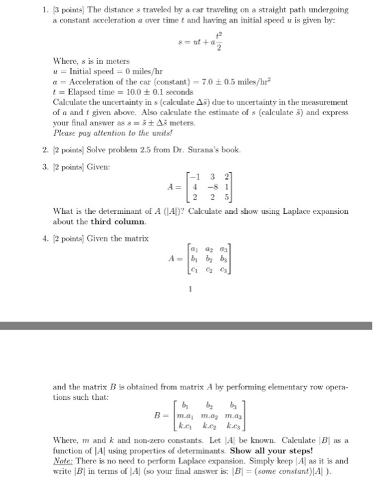Solved 1. 3 points] The distance s traveled by a car | Chegg.com