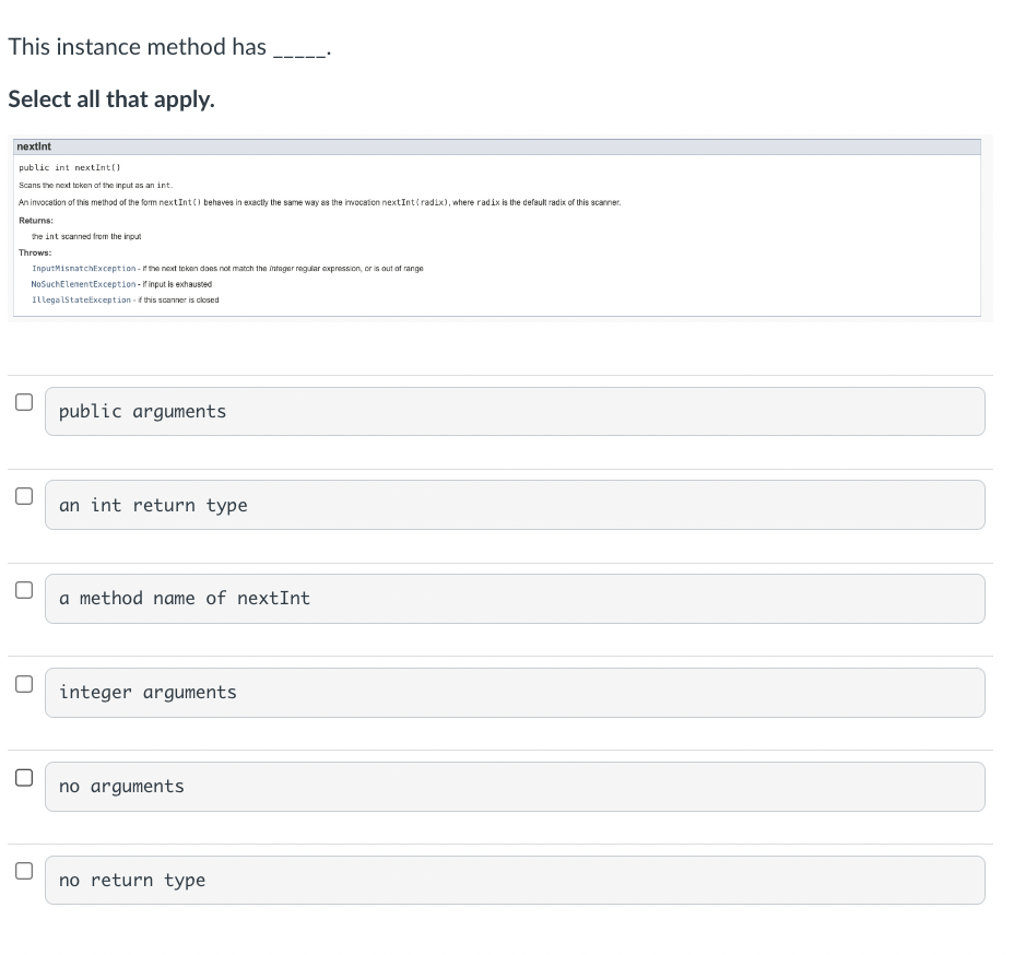 Solved This instance method has Select all that apply. | Chegg.com