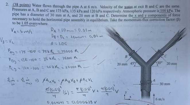 Solved 2. (38 points) Water flows through the pipe A at 6 | Chegg.com