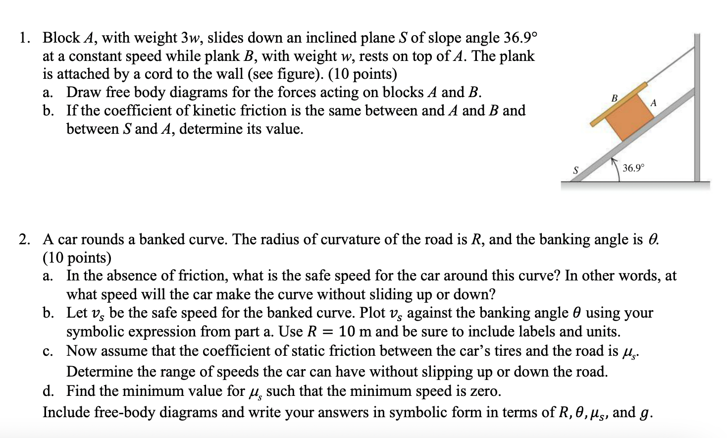 Solved 1. Block A, with weight 3w, slides down an inclined | Chegg.com