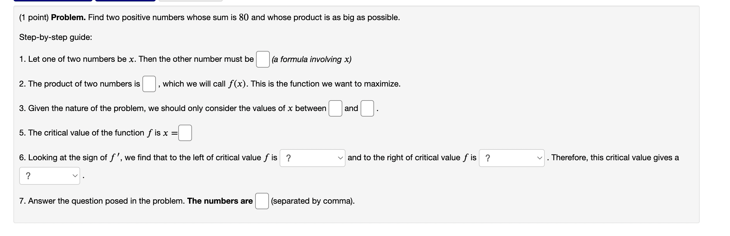 Solved (1 point) Problem. Find two positive numbers whose | Chegg.com