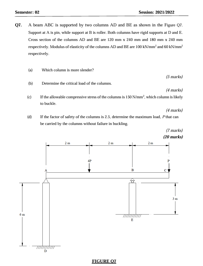 [Solved]: Q7. A beam ABC is supported by two columns AD and