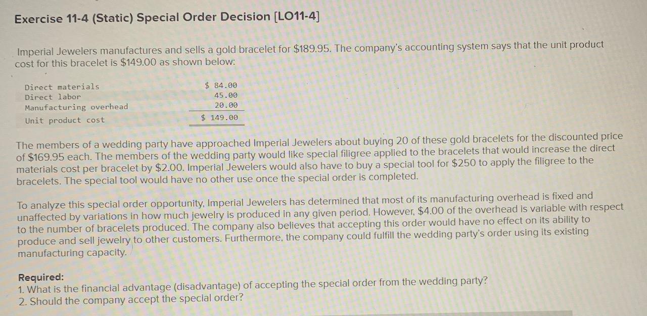 Solved Exercise 11-4 (Static) Special Order Decision | Chegg.com