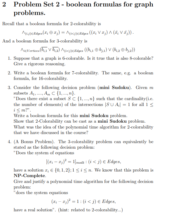 2 Problem Set 2 - boolean formulas for graph | Chegg.com