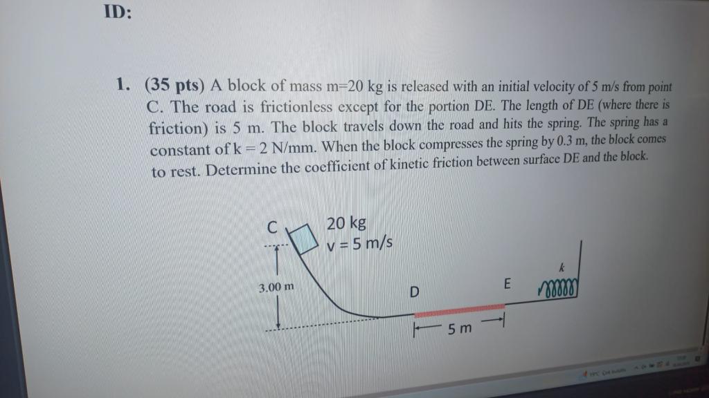 Solved (35 pts) A block of mass m=20 kg is released with an | Chegg.com