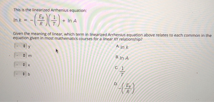 Solved This is the linearized Arrhenius equation: RT Given | Chegg.com