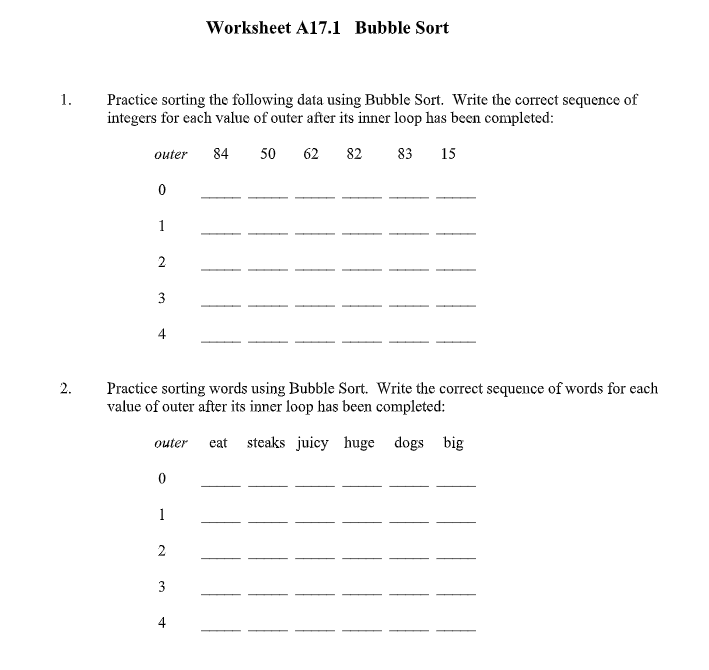 Worksheet A17.1 Bubble Sort 1. Practice sorting the | Chegg.com