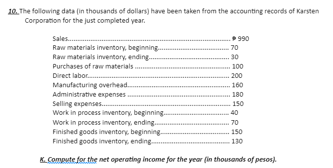 Solved 10. The following data (in thousands of dollars) have | Chegg.com