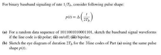 Solved For binary baseband signaling of rate 1/Tb, consider | Chegg.com