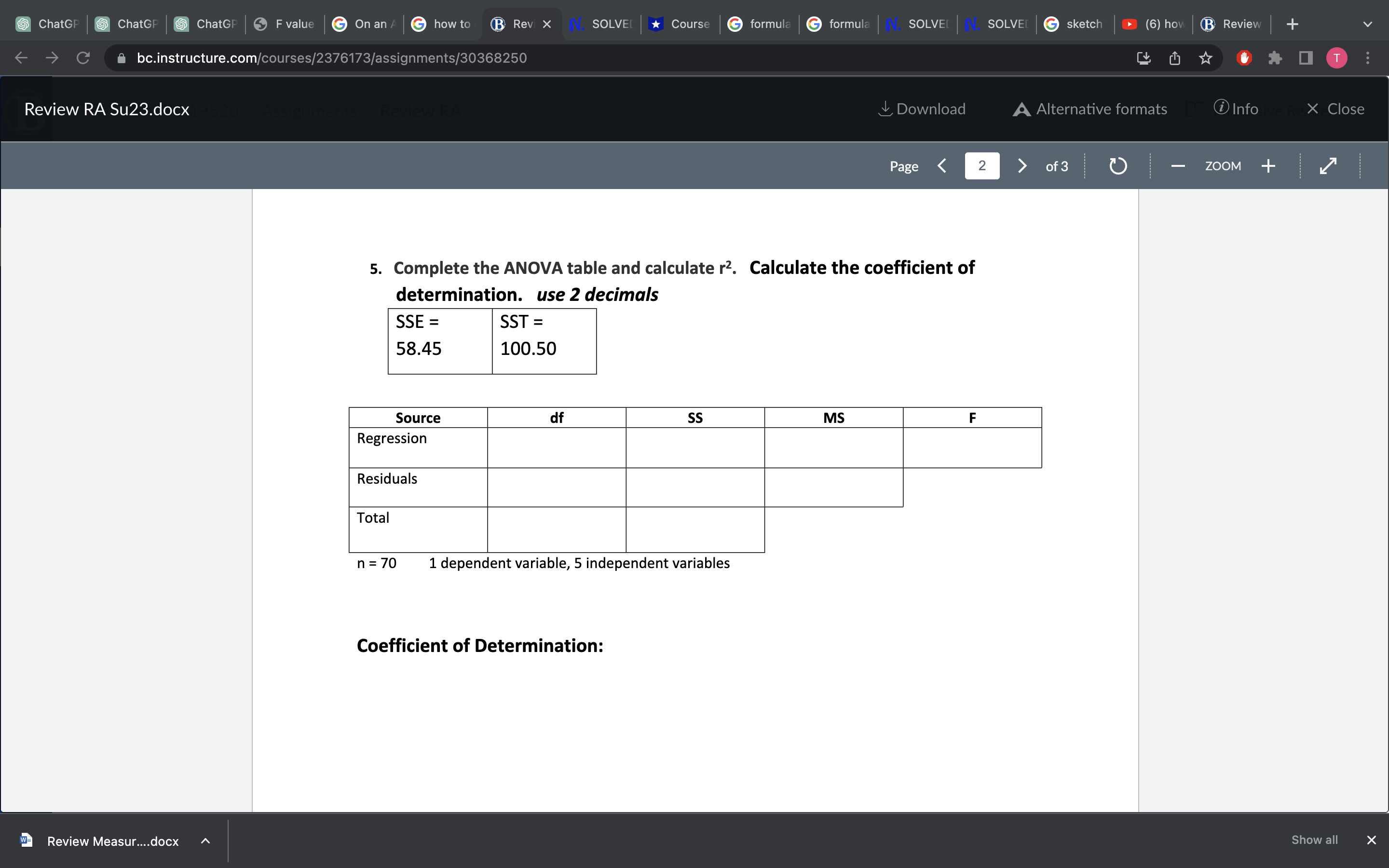Solved 5. Complete the ANOVA table and calculate r2. | Chegg.com