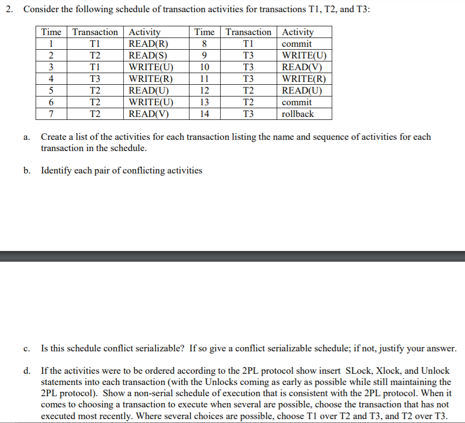 Solved 2. Consider the following schedule of transaction | Chegg.com