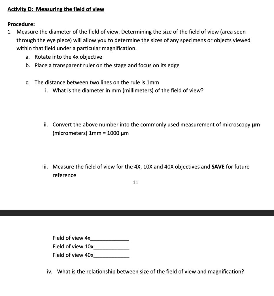 Solved Activity D: Measuring the field of view Procedure: 1. | Chegg.com