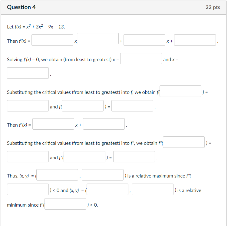 Solved Let f(x)=x3+3x2−9x−13 Then f′(x)= x + x+ Solving | Chegg.com Solved Let f(x)=x3+3x2−9x−13 Then f′(x)= x + x+ Solving | Chegg.com