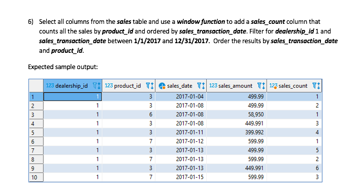 Solved 5) Select all columns from the sales table and use a | Chegg.com