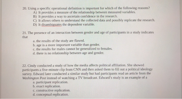 Solved 20. Using a specific operational definition is | Chegg.com