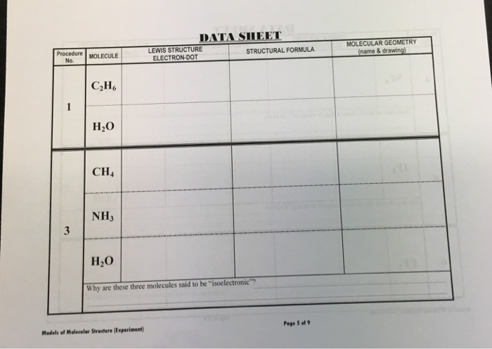 Solved Data Sheet Molecular Geometry Lewis Structure 2340