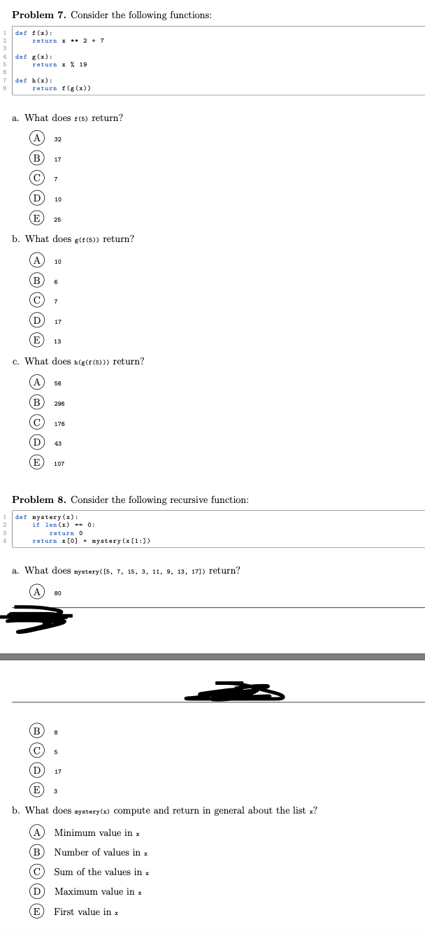 Solved Problem 7 Consider The Following Functions 1 2 Def Chegg