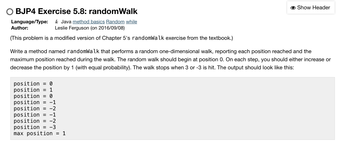 Solved Show Header OBJP4 Exercise 5.8: random Walk | Chegg.com