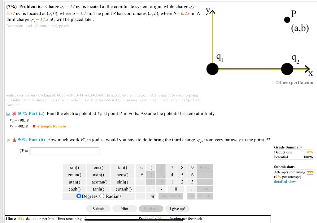 Solved (7\%) Problem 6: Charge q1=12nC is located at the | Chegg.com