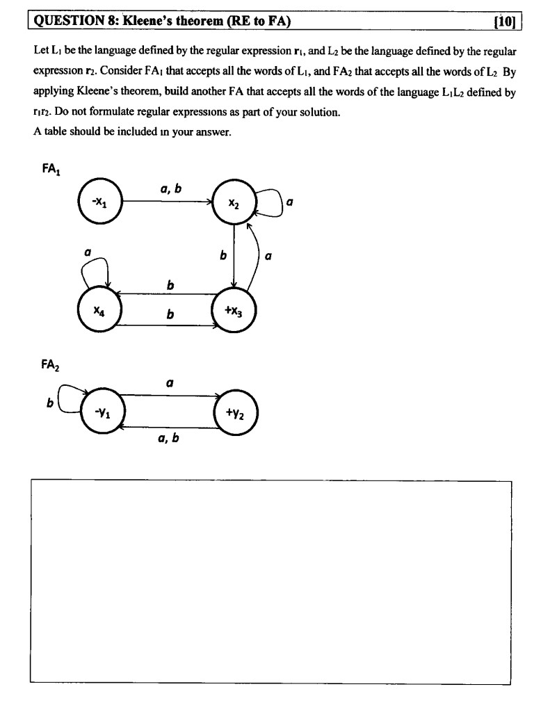 Solved QUESTION 8: Kleene's theorem (RE to FA) (10) Let L, | Chegg.com