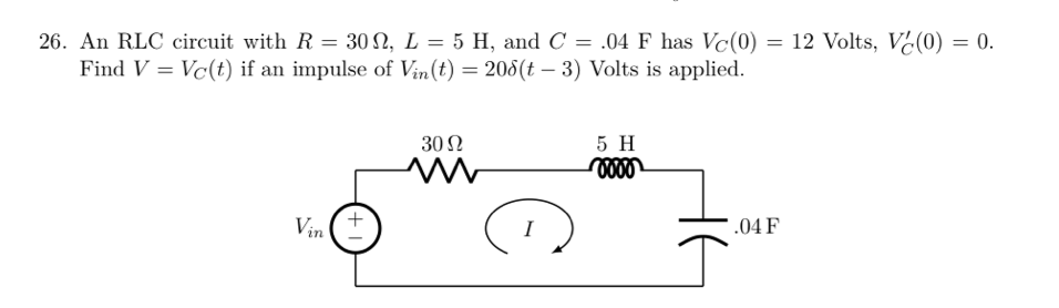 Solved An RLC circuit with R=30 Omega,L=5H, and C=.04F has | Chegg.com
