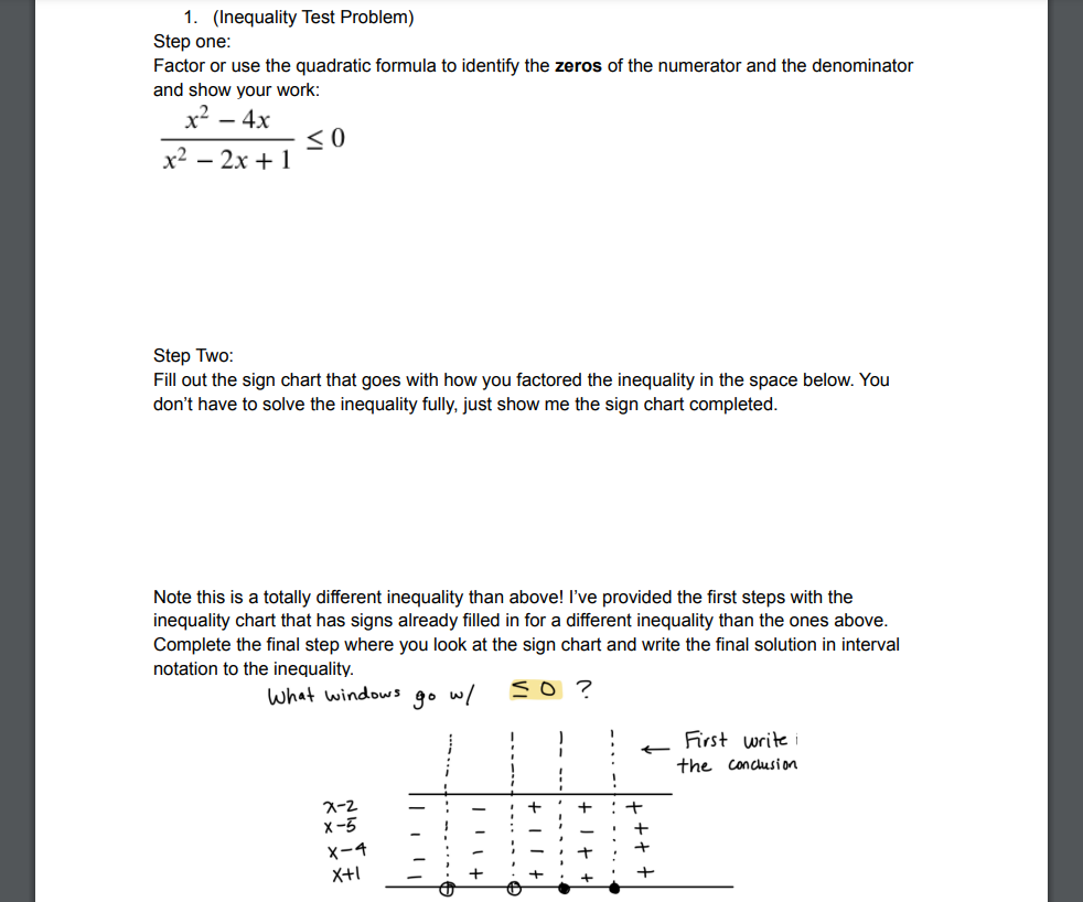 Solved 1. (Inequality Test Problem) Step one: Factor or use | Chegg.com