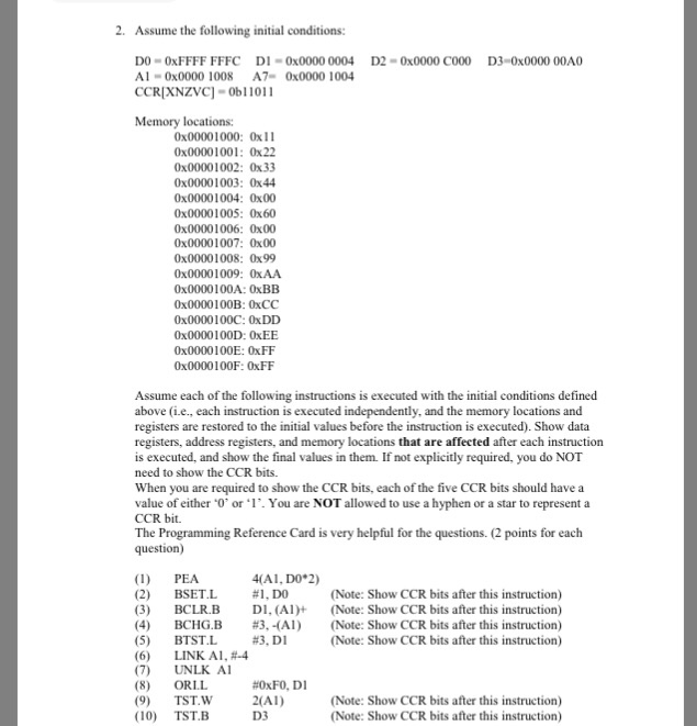 2. Assume the following initial conditions: DO 0xFFFF | Chegg.com