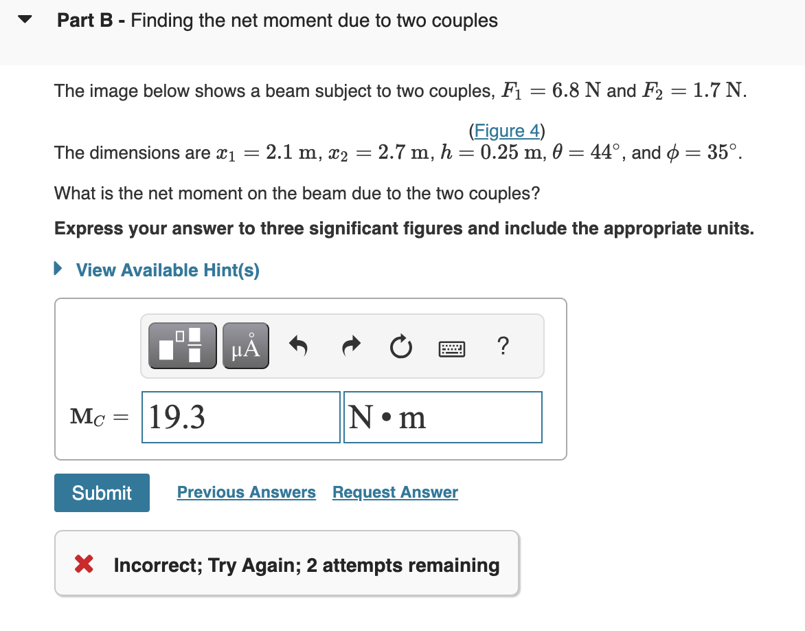 Solved Part B - Finding the net moment due to two couplesThe | Chegg.com