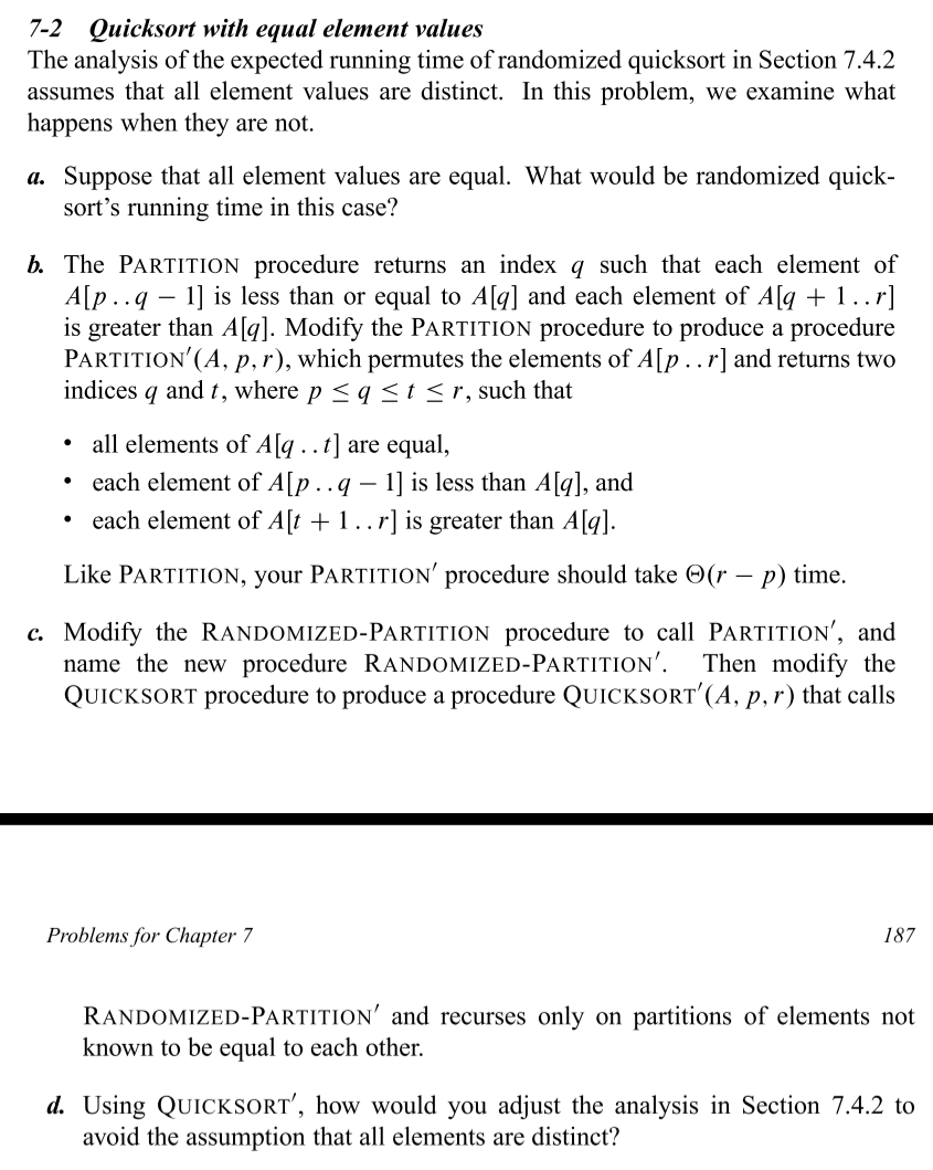 Solved 7-2 Quicksort with equal element values The analysis | Chegg.com
