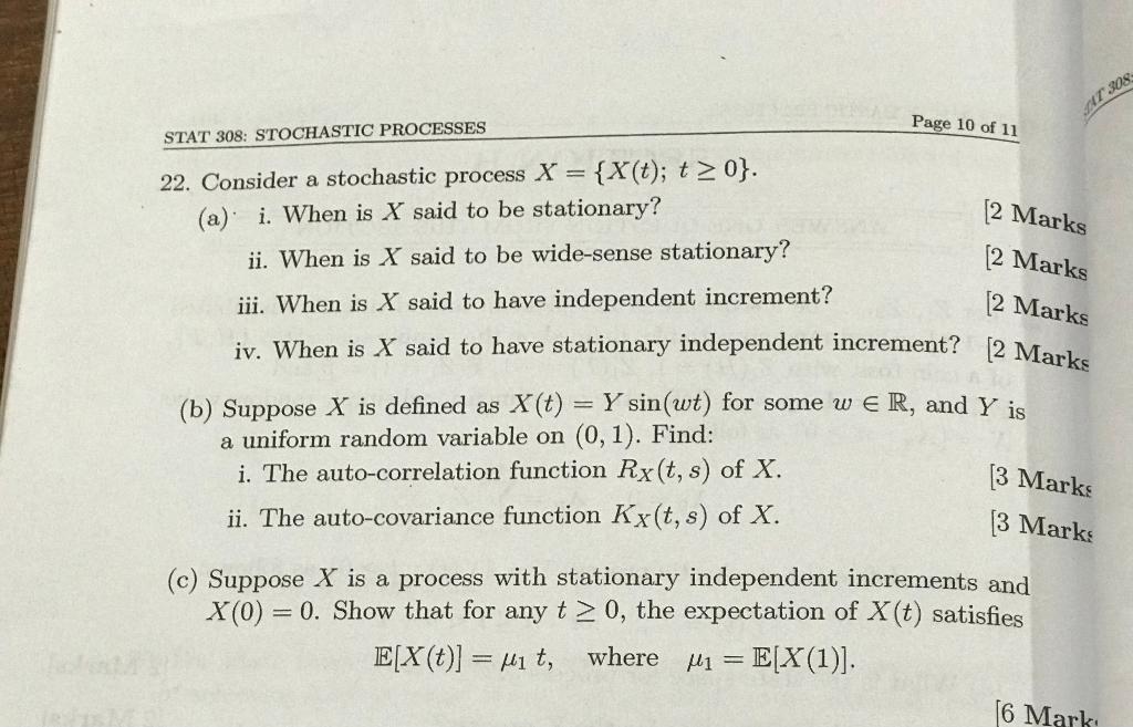 Solved 22. Consider a stochastic process X={X(t);t≥0}. (a) | Chegg.com