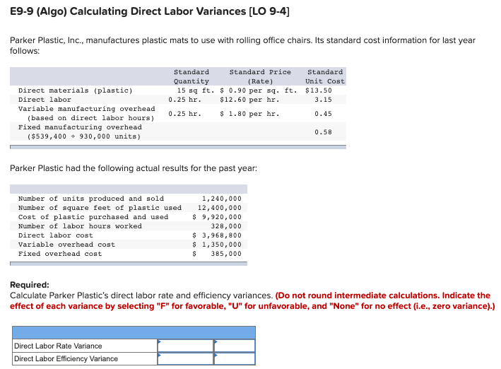Solved E9-9 (Algo) Calculating Direct Labor Variances [LO | Chegg.com