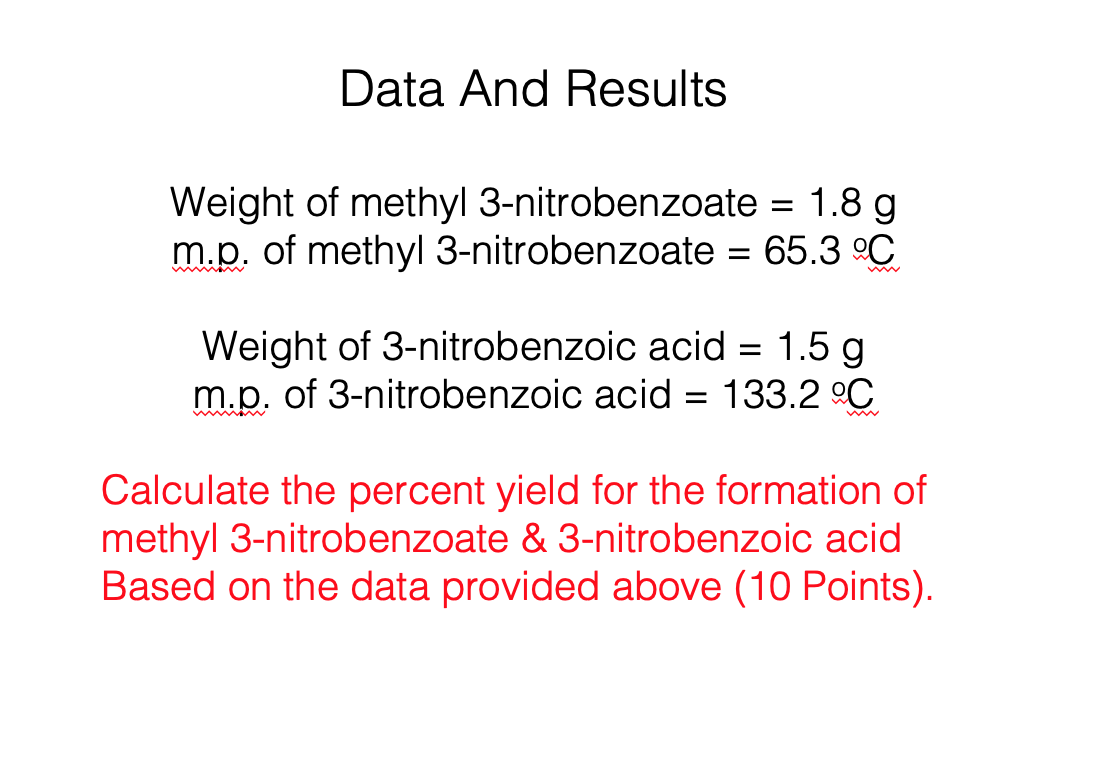 Solved Data And Results Weight of methyl 3-nitrobenzoate = | Chegg.com
