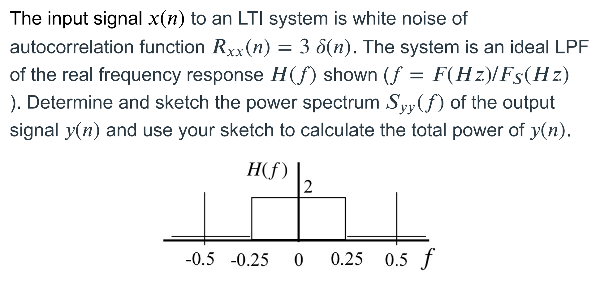 Solved = The input signal x(n) to an LTI system is white | Chegg.com