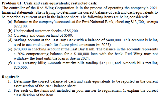 Solved Problem 01: Cash and cash equivalents; restricted | Chegg.com