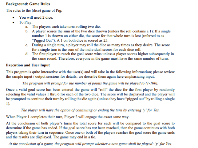 Write a program that will simulate the dice game Pig | Chegg.com